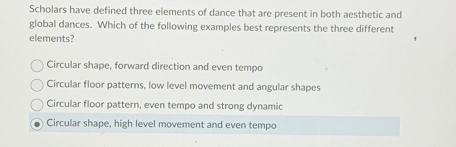 Solved Scholars have defined three elements of dance that | Chegg.com