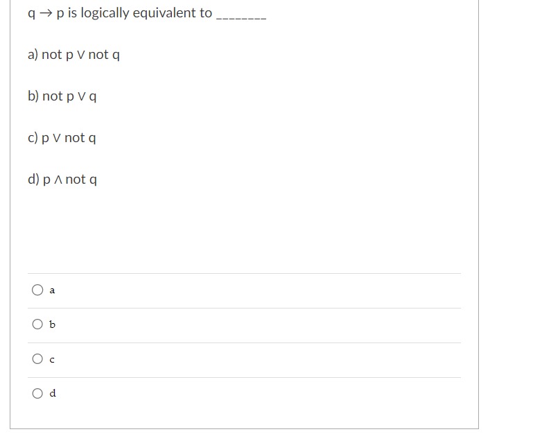 Solved q→p ﻿is logically equivalent toa) ﻿notpvvnotqb) | Chegg.com