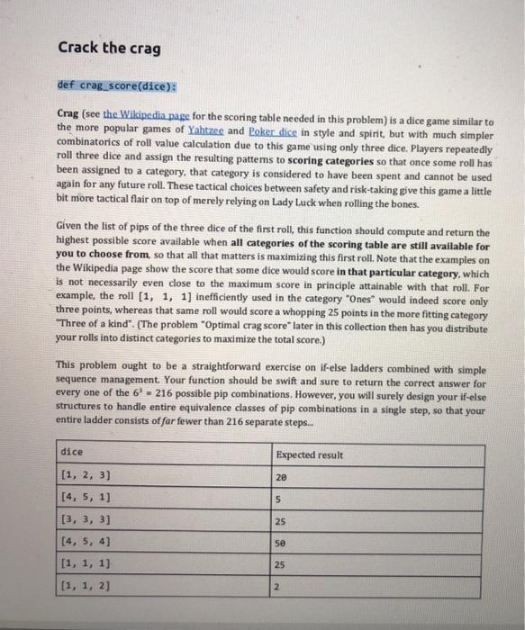 Solved Crack the crag def crag_score(dice): Crag (see the | Chegg.com
