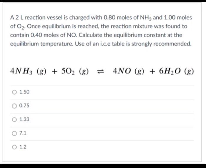 Solved A 2 L reaction vessel is charged with 0.80 moles of | Chegg.com