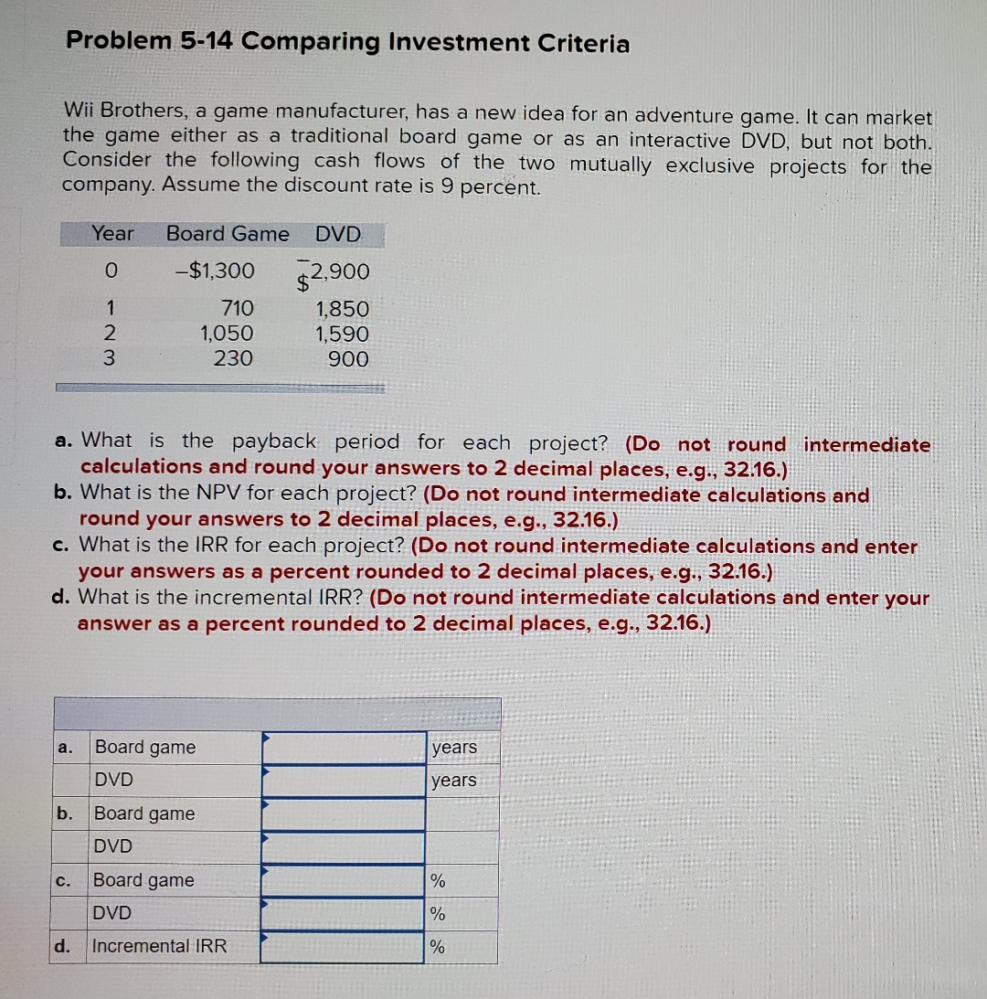 Solved Problem 5-14 ﻿Comparing Investment CriteriaWii | Chegg.com
