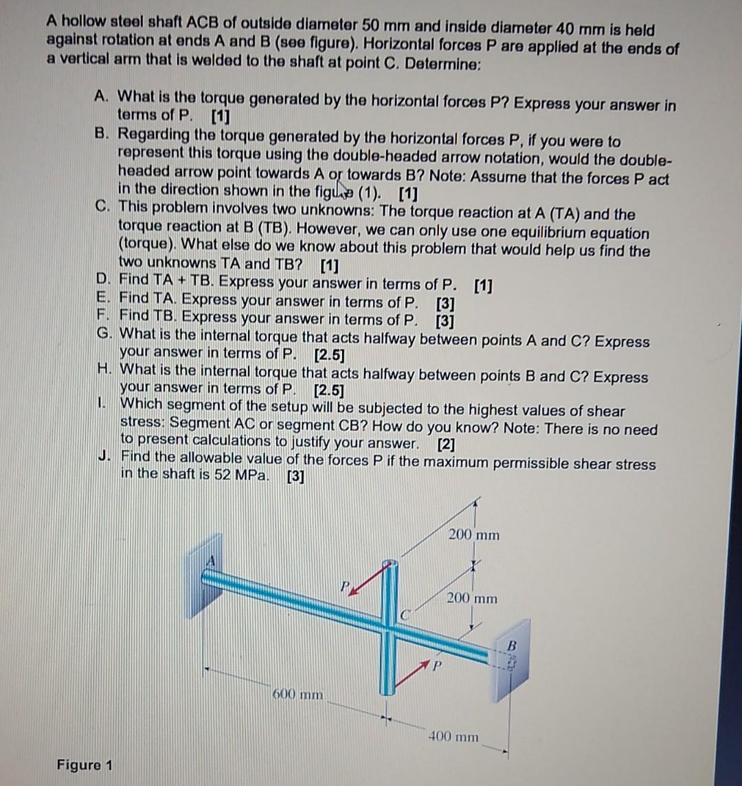 Solved A hollow steel shaft ACB of outside diameter 50 mm | Chegg.com