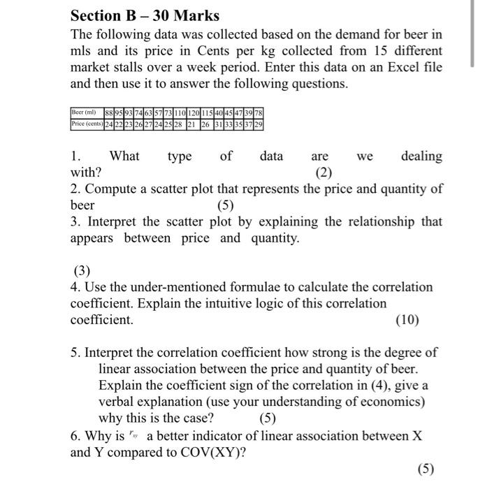 Section B-30 Marks The following data was collected | Chegg.com