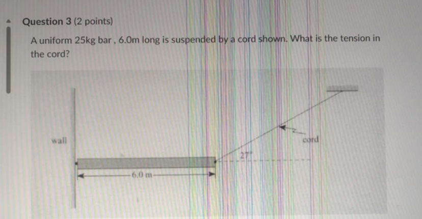 Solved Question 3 (2 ﻿points)A uniform 25kg ﻿bar, 6.0m ﻿long | Chegg.com