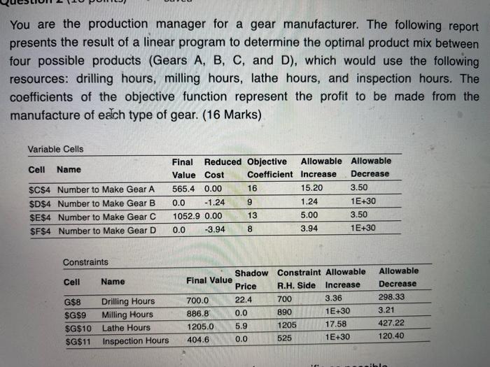 Solved You are the production manager for a gear | Chegg.com