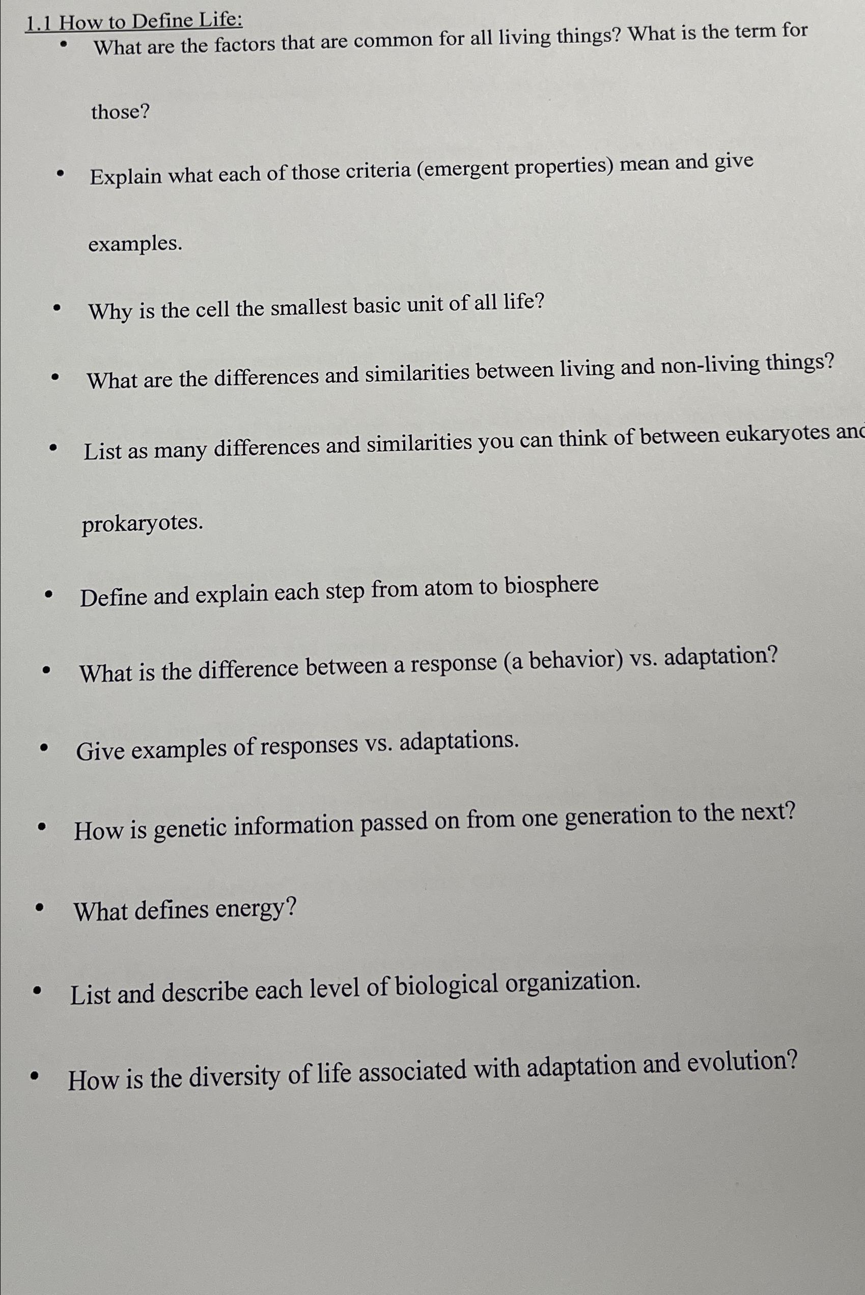 Solved 1.1 ﻿How to Define Life:What are the factors that are | Chegg.com