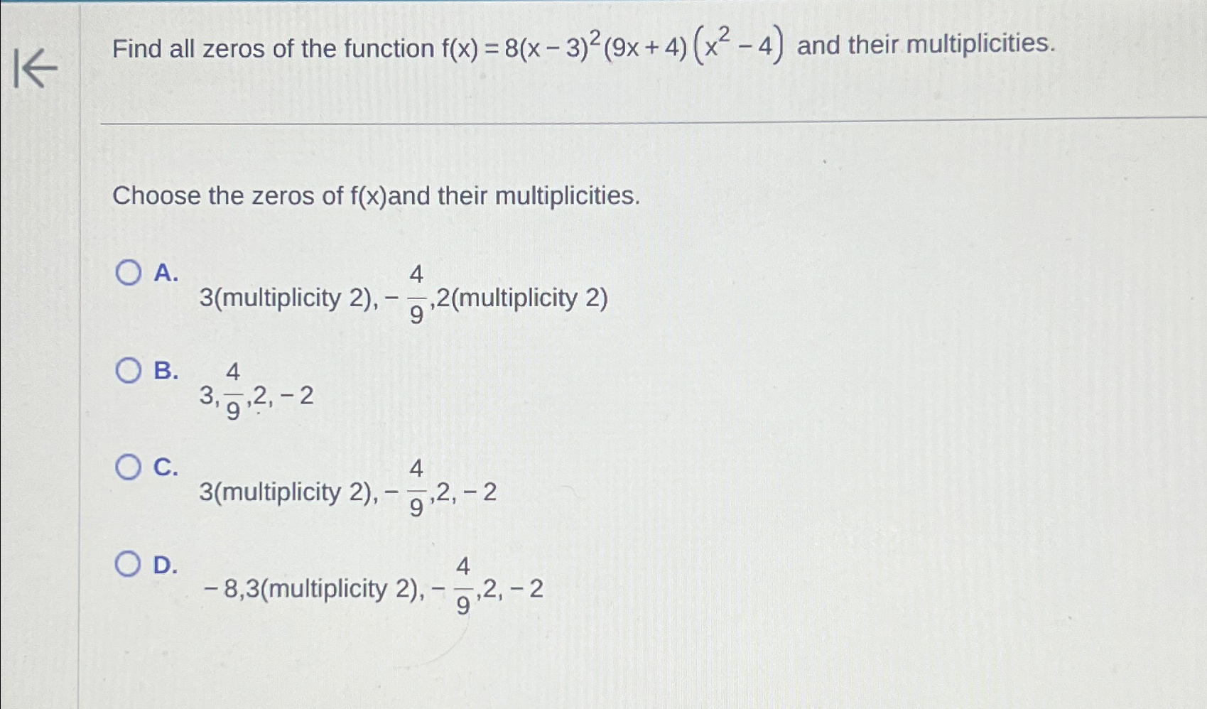 Solved Find all zeros of the function | Chegg.com