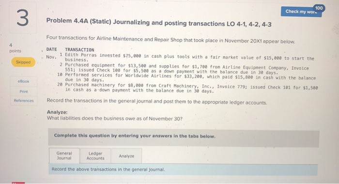 Solved 100 Check my worn 3 Problem 4.4A (Static) | Chegg.com