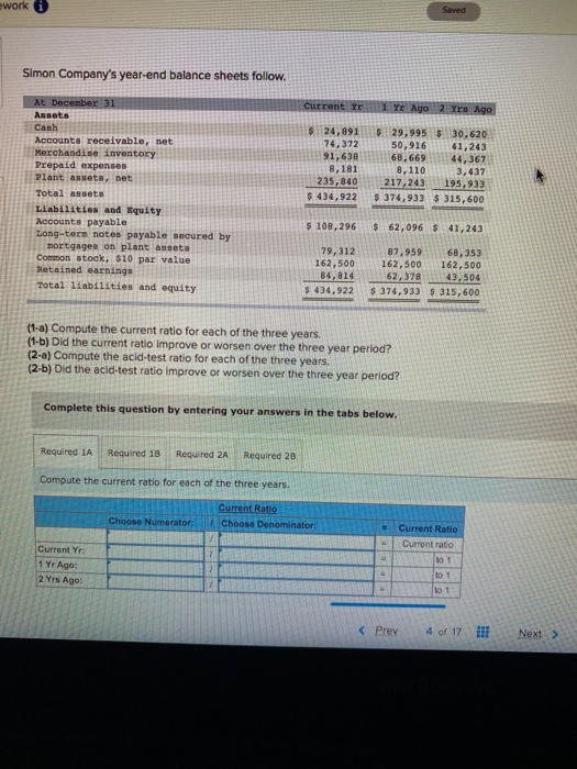 Solved ework Saved Simon Company's year-end balance sheets | Chegg.com