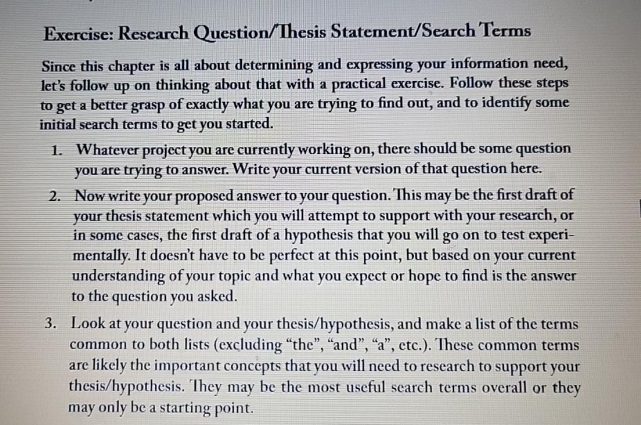 Solved Exercise: Research Question/Thesis Statement/Search | Chegg.com
