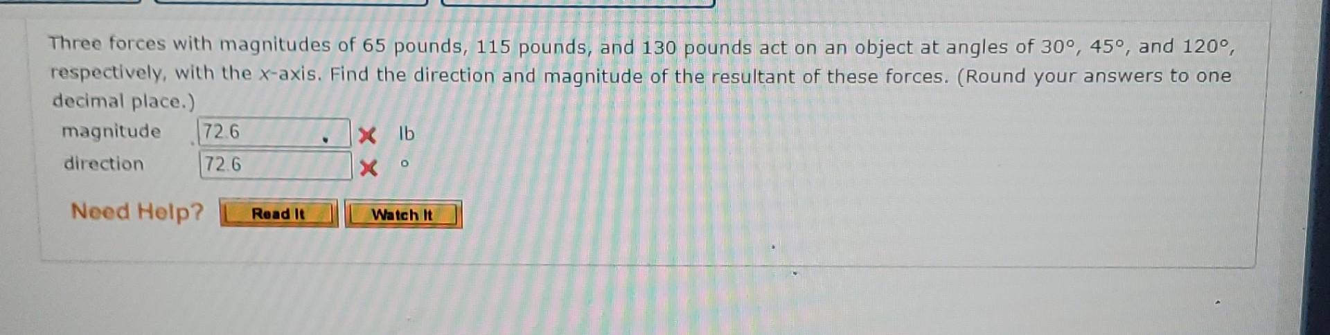 Solved Three forces with magnitudes of 65 pounds, 115 | Chegg.com
