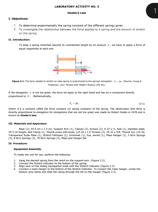 Solved 1 LABORATORY ACTIVITY NO. 3 Hooke's Law I. | Chegg.com