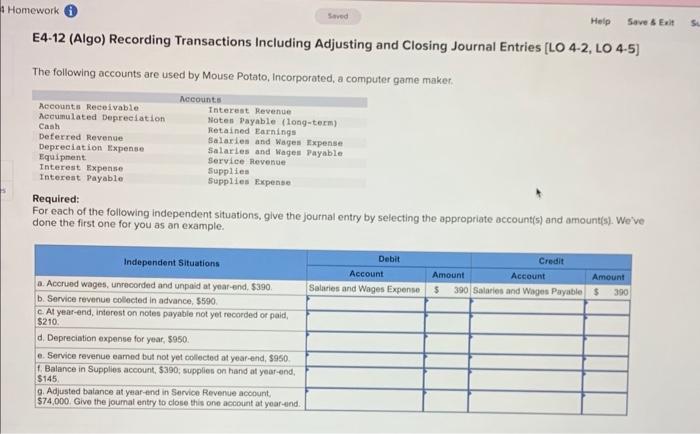 Solved E4-12 (Algo) Recording Transactions Including | Chegg.com