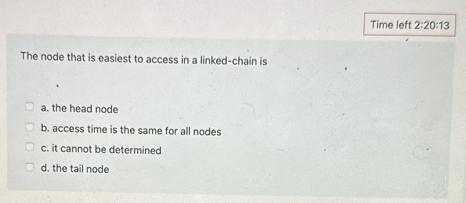 Solved Time left 2:20:13The node that is easiest to access | Chegg.com