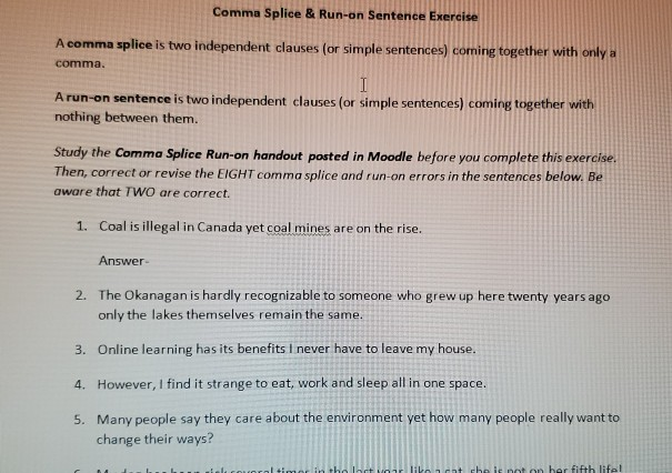 Comma Splice & Run-on Sentence Exercise A comma | Chegg.com