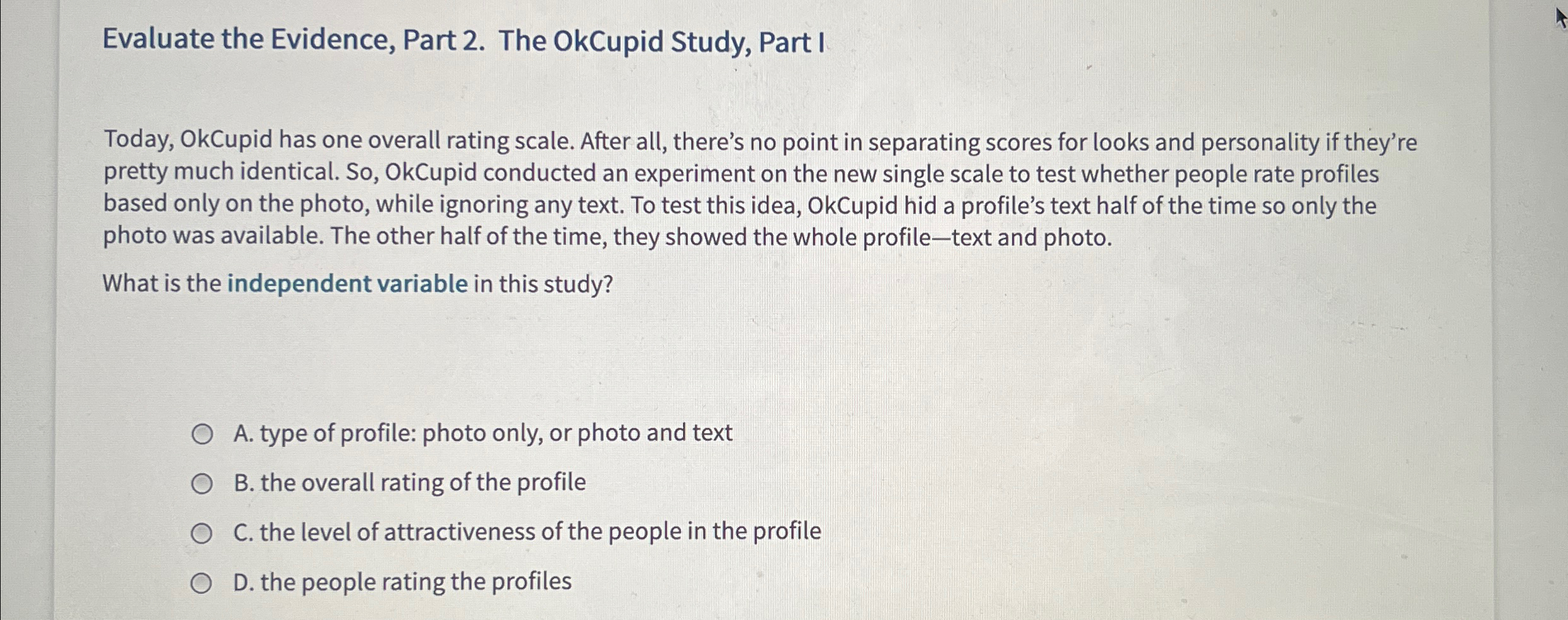 Solved Evaluate the Evidence, Part 2. ﻿The OkCupid Study, | Chegg.com