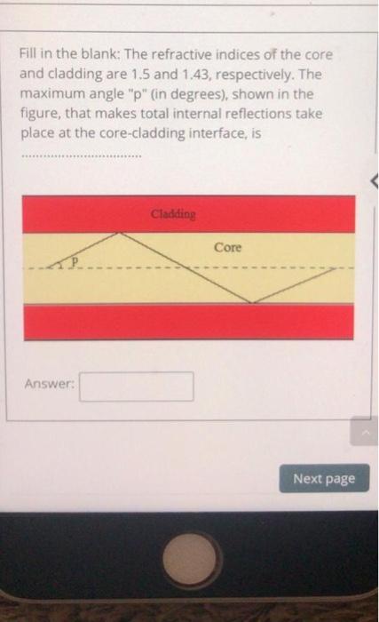 Solved Fill in the blank: The refractive indices of the core | Chegg.com