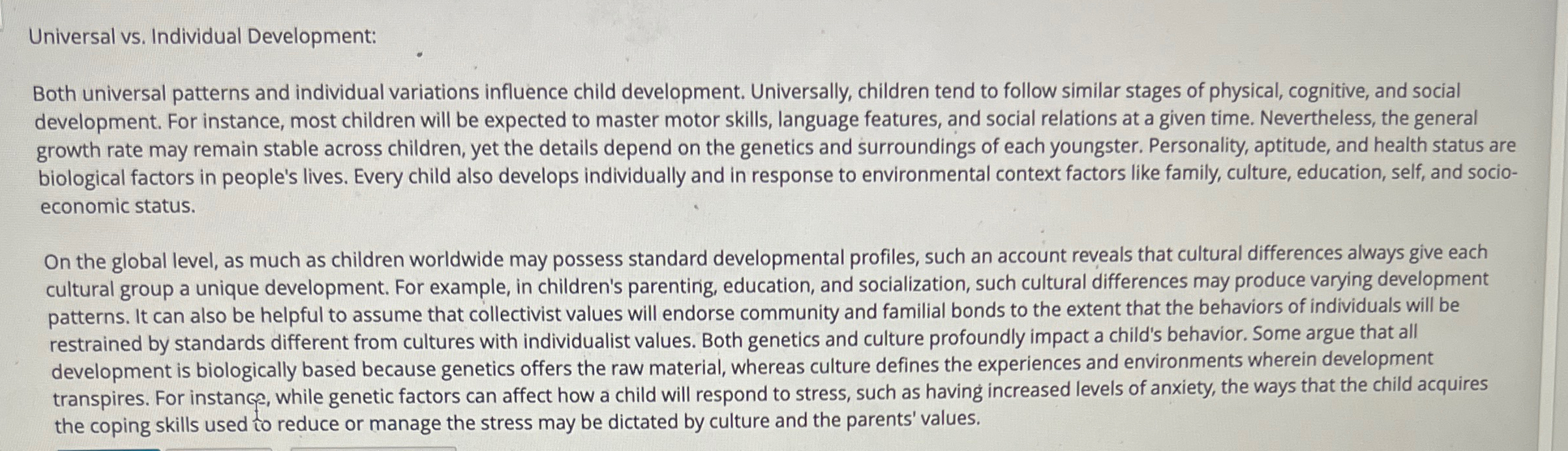Solved Universal vs. ﻿Individual Development:Both universal | Chegg.com