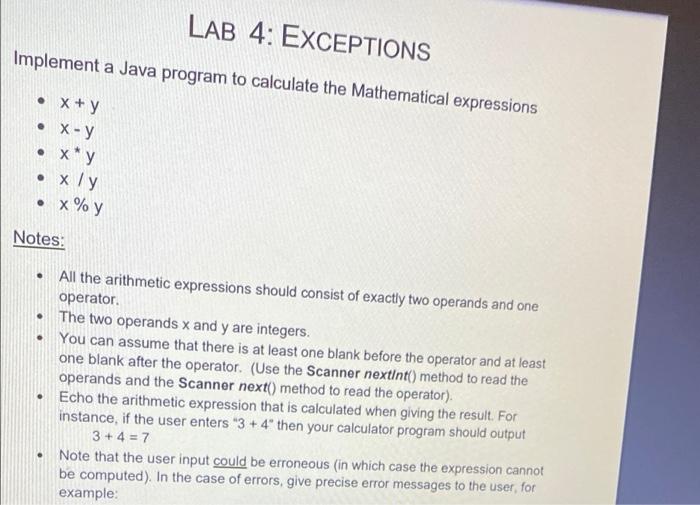 Solved LAB 4: EXCEPTIONS Implement a Java program to | Chegg.com