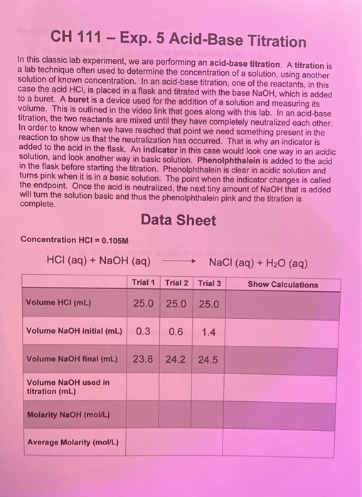 Solved CH 111 - Exp. 5 Acid-Base Titration In this classic | Chegg.com