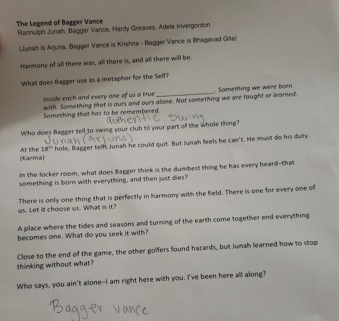 Solved The Legend of Bagger Vance Rannulph Junah, Bagger | Chegg.com