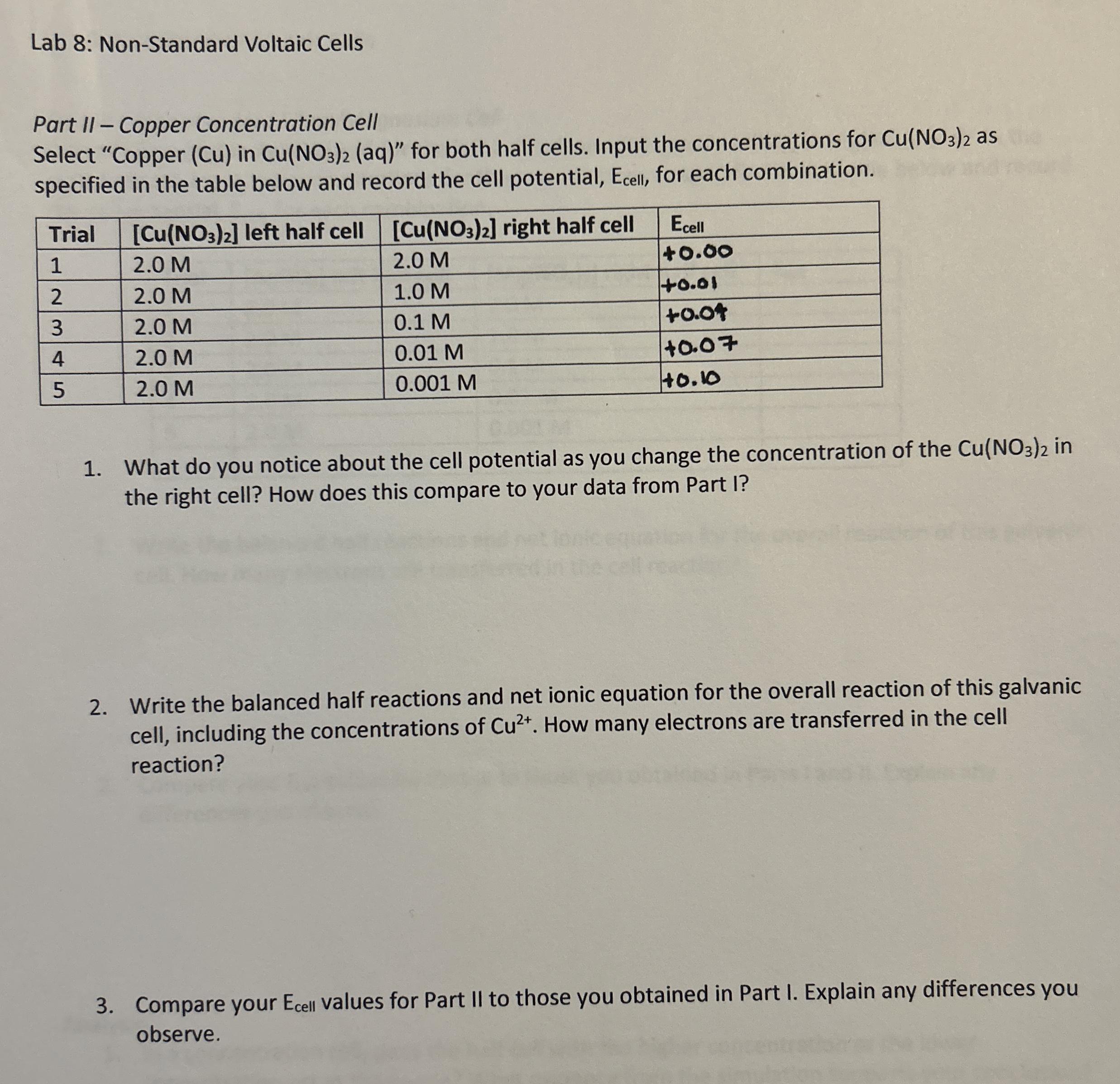 Solved Lab 8: Non-Standard Voltaic CellsPart II-Copper | Chegg.com