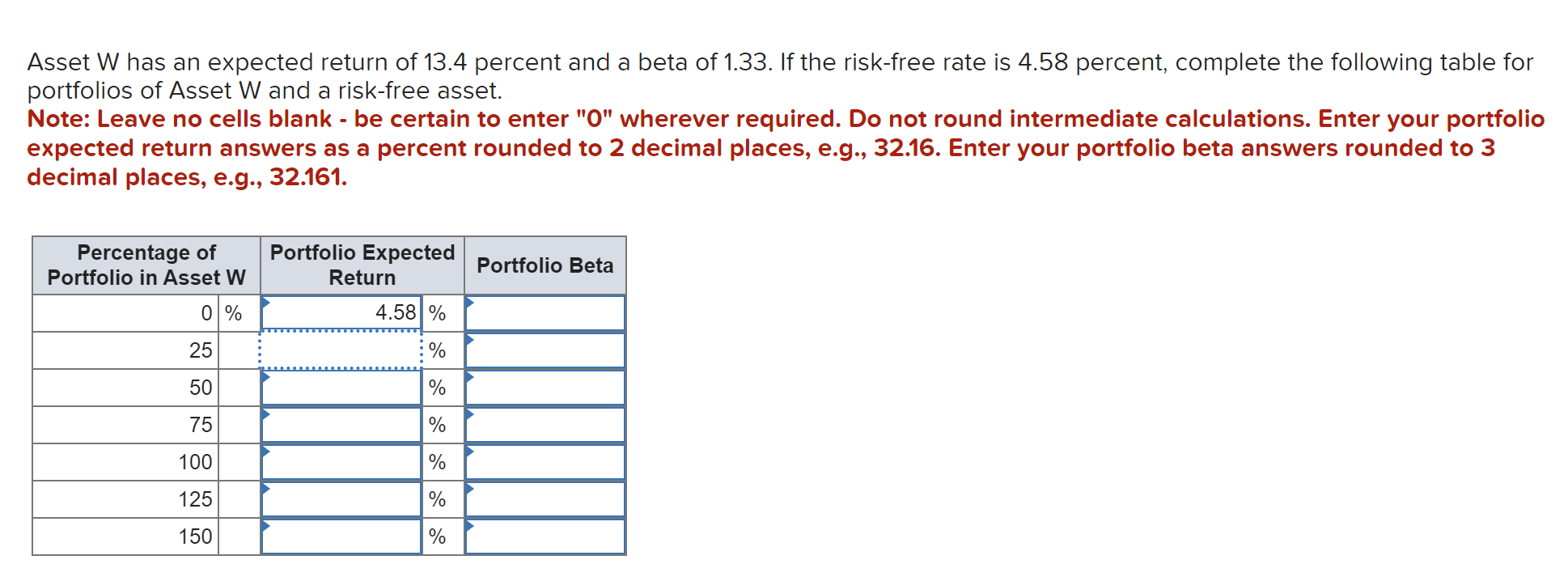Solved Asset W has an expected return of 13.4 ﻿percent and a | Chegg.com