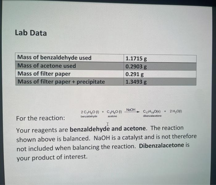 Solved Lab Data Mass of benzaldehyde used Mass of acetone | Chegg.com