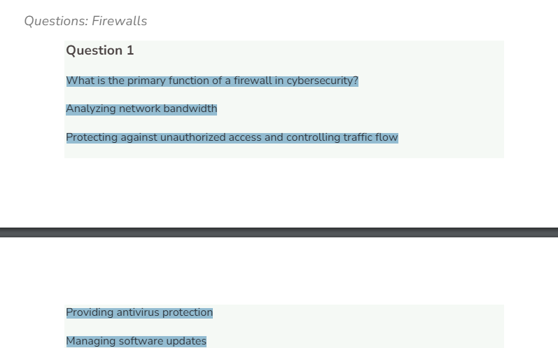 Solved Question 1:What is the primary function of a firewall | Chegg.com