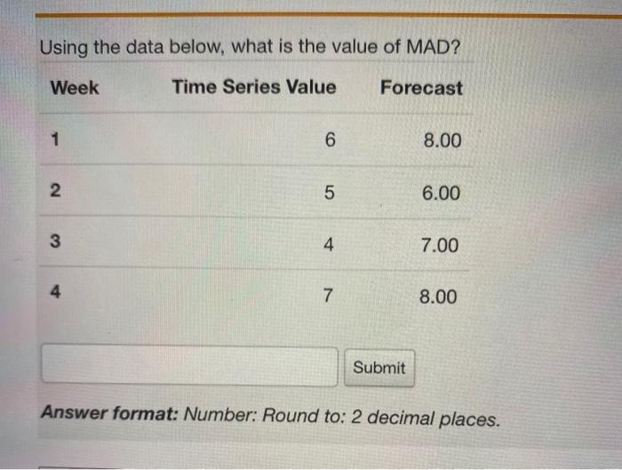 Solved Using the data below, what is the value of MAD? Week | Chegg.com