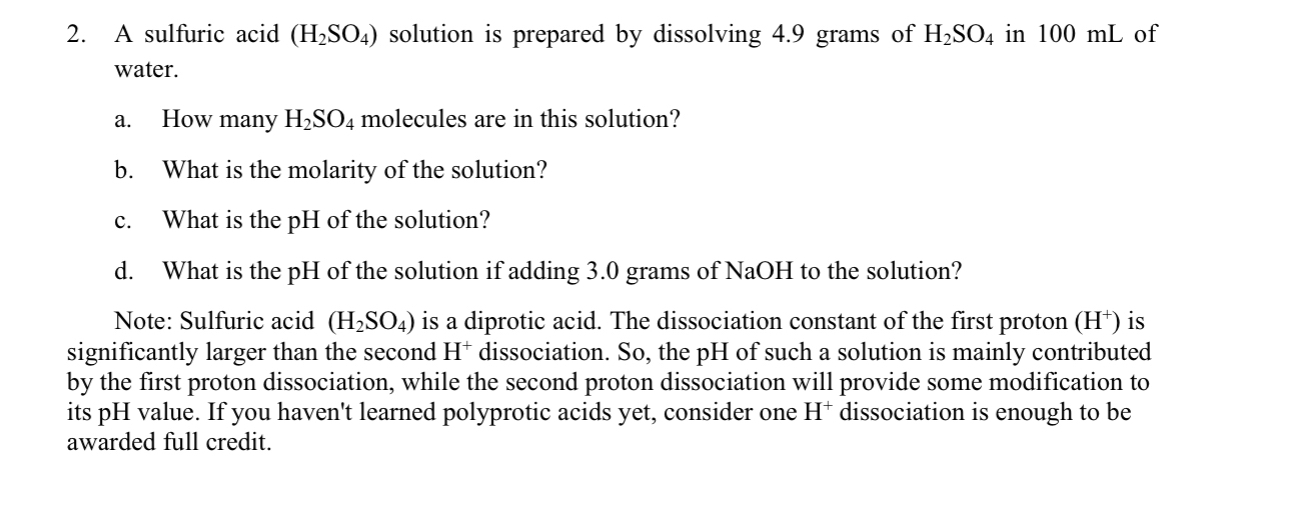 Solved A sulfuric acid (H2SO4) ﻿solution is prepared by | Chegg.com