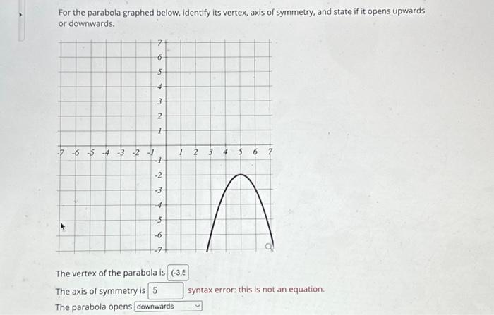 Solved For the parabola graphed below, identify its vertex, | Chegg.com