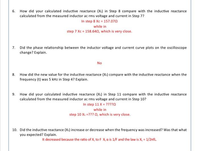 Solved 6. How did your calculated inductive reactance \\( | Chegg.com