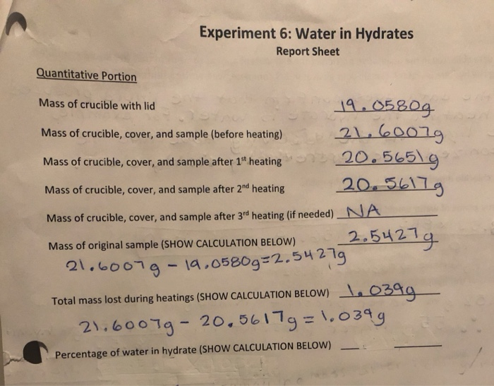 Solved I need help finding the percentage of water in the | Chegg.com