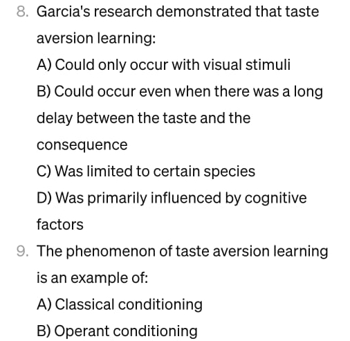 Solved Garcia's research demonstrated that taste aversion | Chegg.com