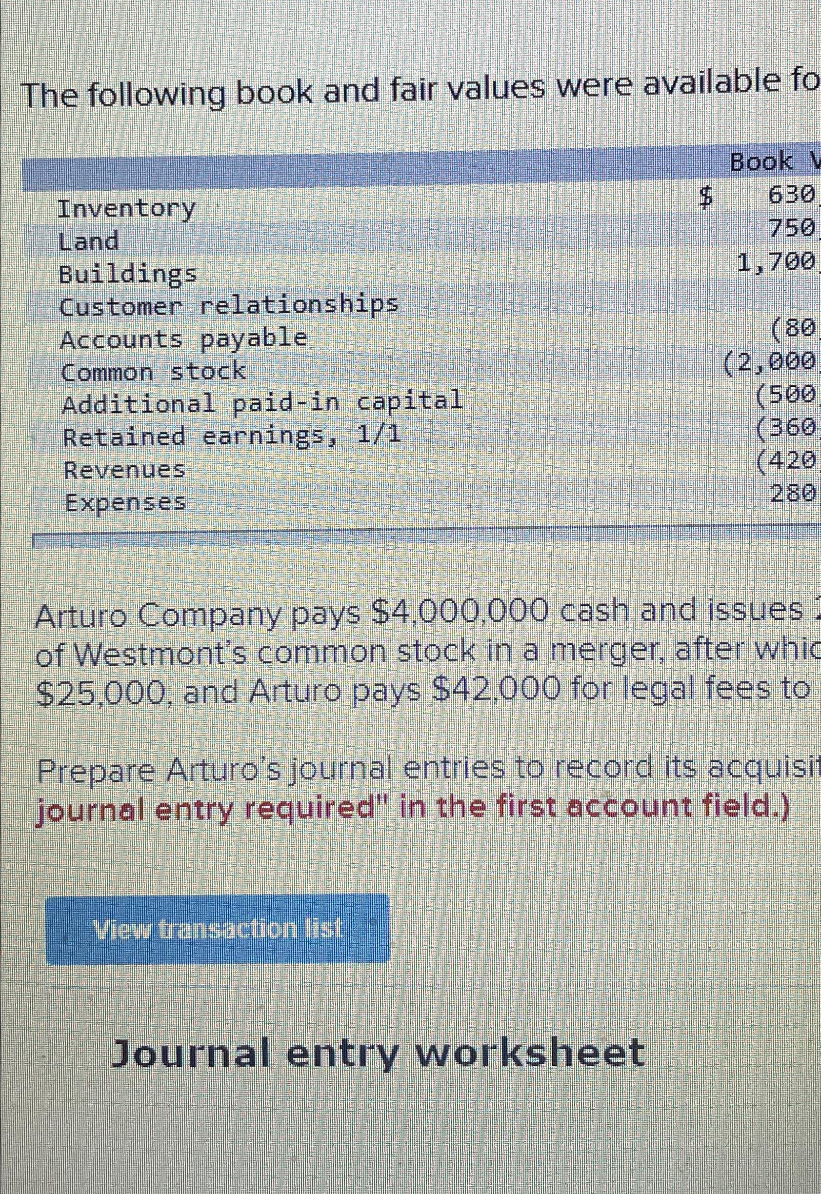 The following book and fair values were available | Chegg.com