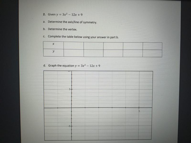 Solved 2. Given y = 3x2 - 12x + 9 a. Determine the axis/line | Chegg.com