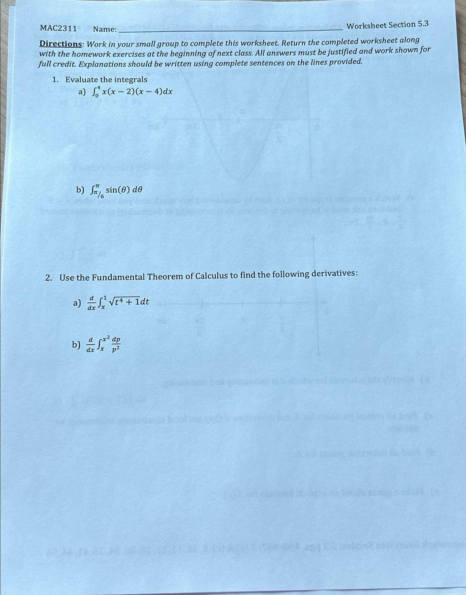 Solved MAC2311Name:Worksheet Section 5.3Directions: Work in | Chegg.com