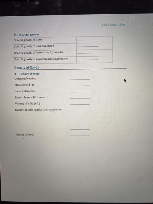 Solved Lab 1 Report Sheet C - Specific Gravity Specific | Chegg.com