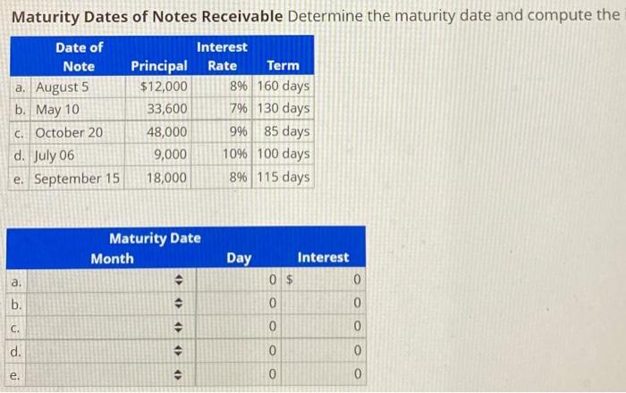 Solved Maturity Dates of Notes Receivable Determine the | Chegg.com