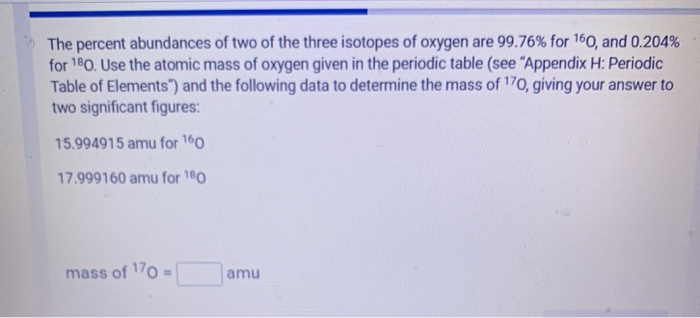 Solved The percent abundances of two of the three isotopes | Chegg.com Solved The percent abundances of two of the three isotopes | Chegg.com