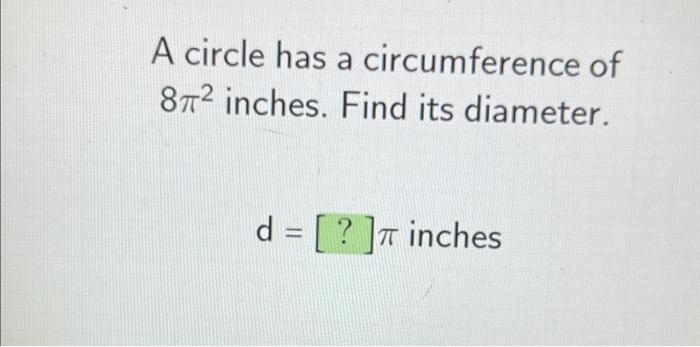 Solved A circle has a circumference of 8π2 inches. Find its | Chegg.com