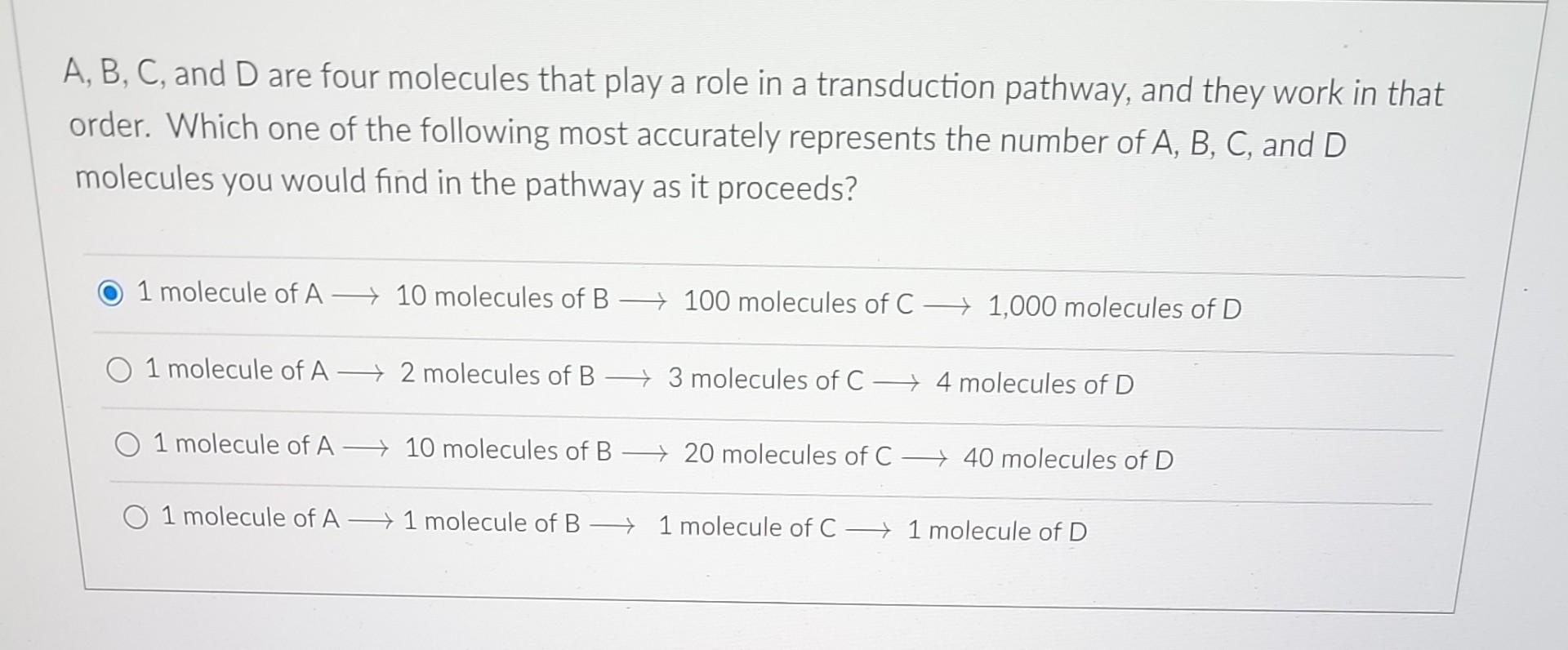 Solved A,B,C, and D are four molecules that play a role in a | Chegg.com