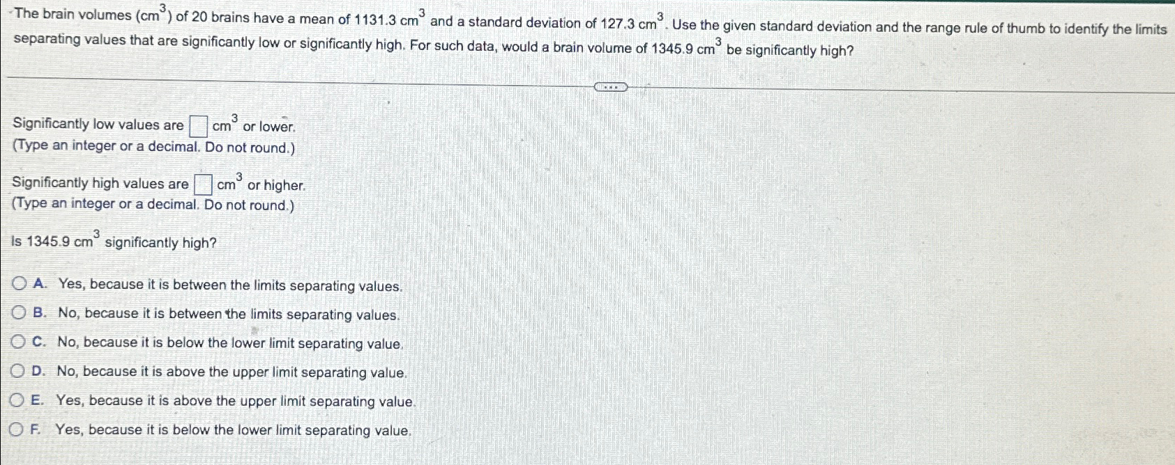 Solved The brain volumes (cm3) ﻿of 20 ﻿brains have a mean of | Chegg.com