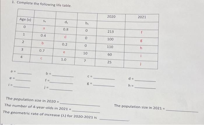 Solved 1. Complete the following life table. | Chegg.com