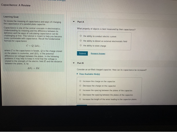Solved Learning Goal: To review the meaning of capacitance | Chegg.com Solved Learning Goal: To review the meaning of capacitance | Chegg.com