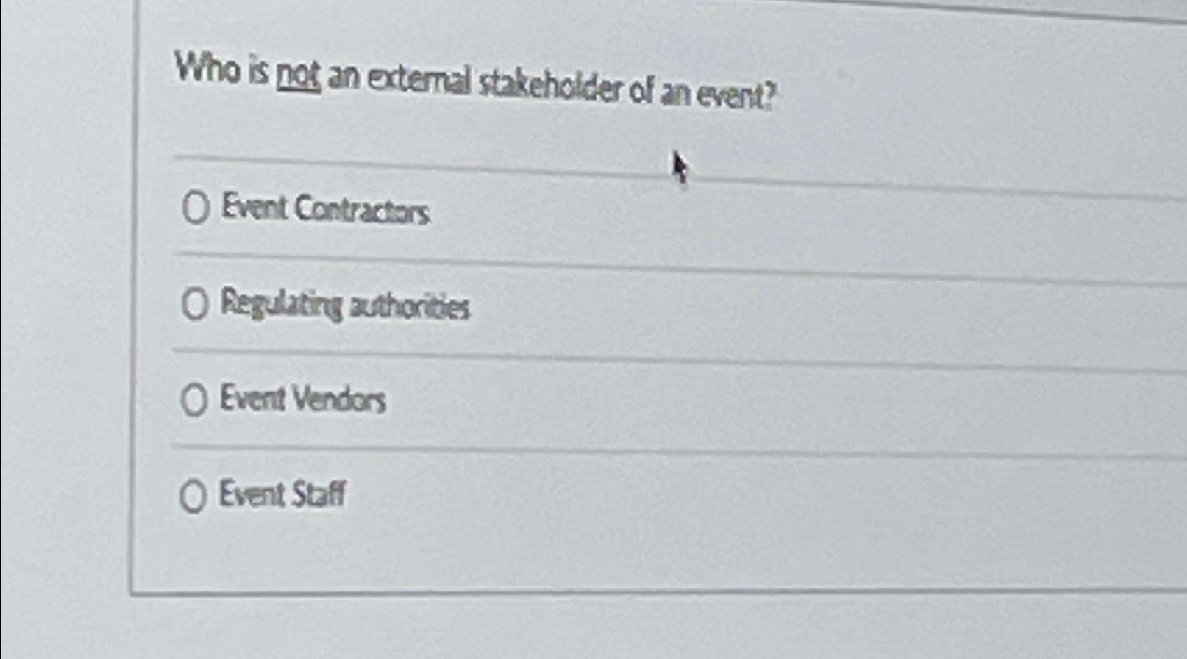 Solved Who is not an external stakeholder of an event?Event | Chegg.com