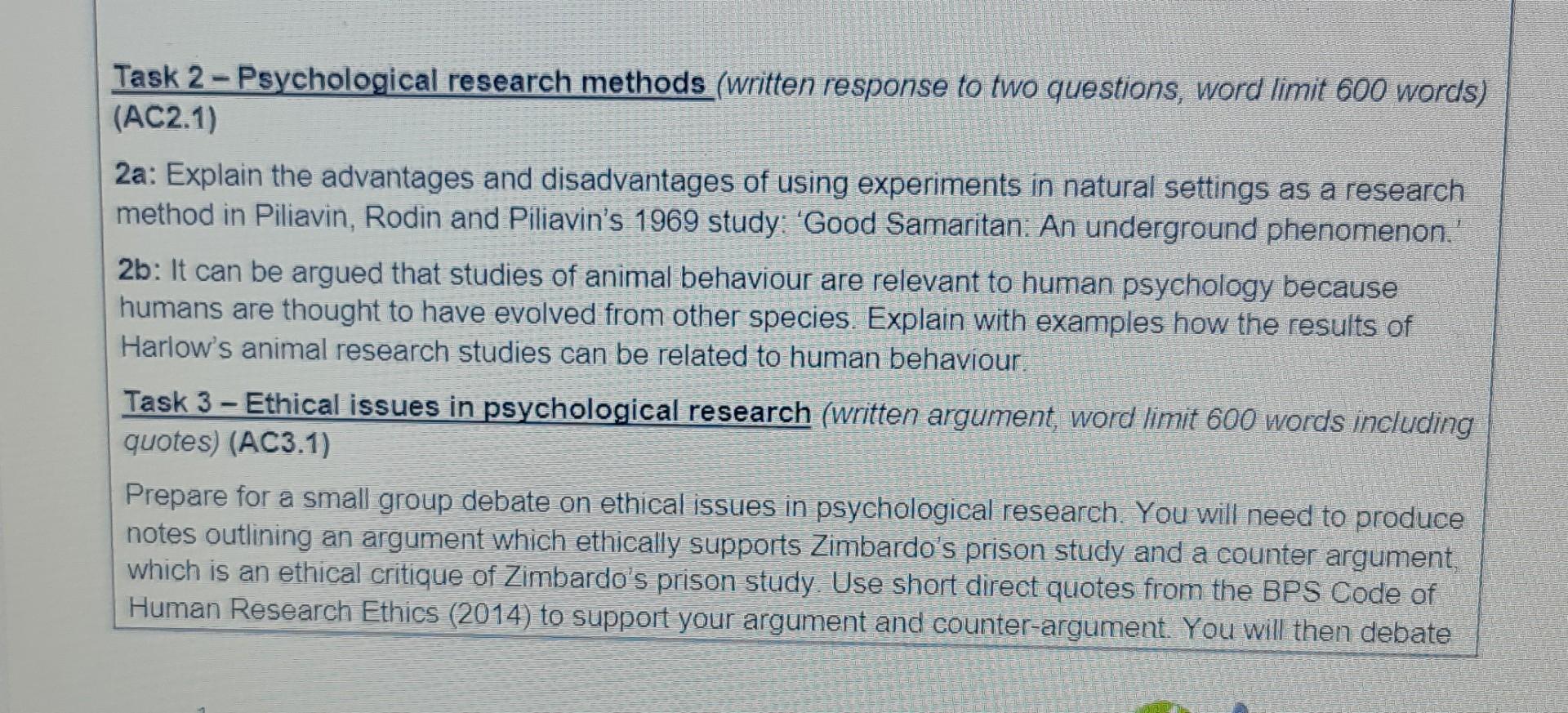 Solved Task 2 - Psychological research methods (written | Chegg.com