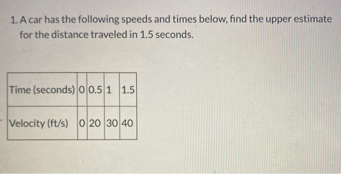 Solved 1. A car has the following speeds and times below, | Chegg.com