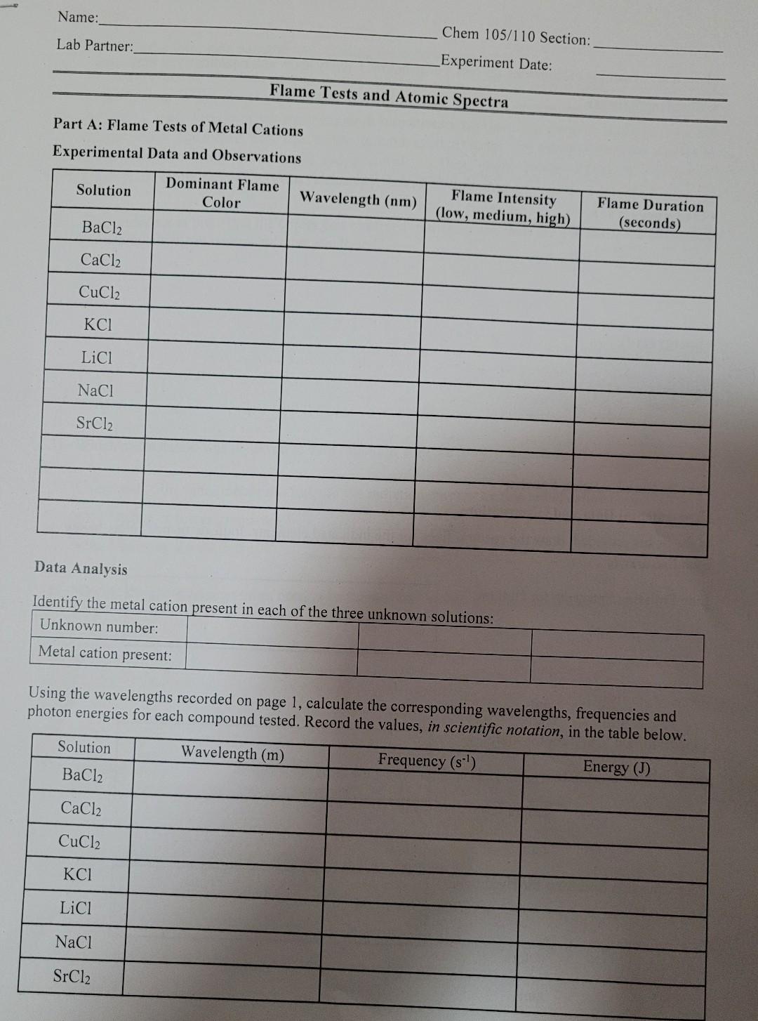 Solved Name: Lab Partner: Chem 105/110 Section: Experiment | Chegg.com